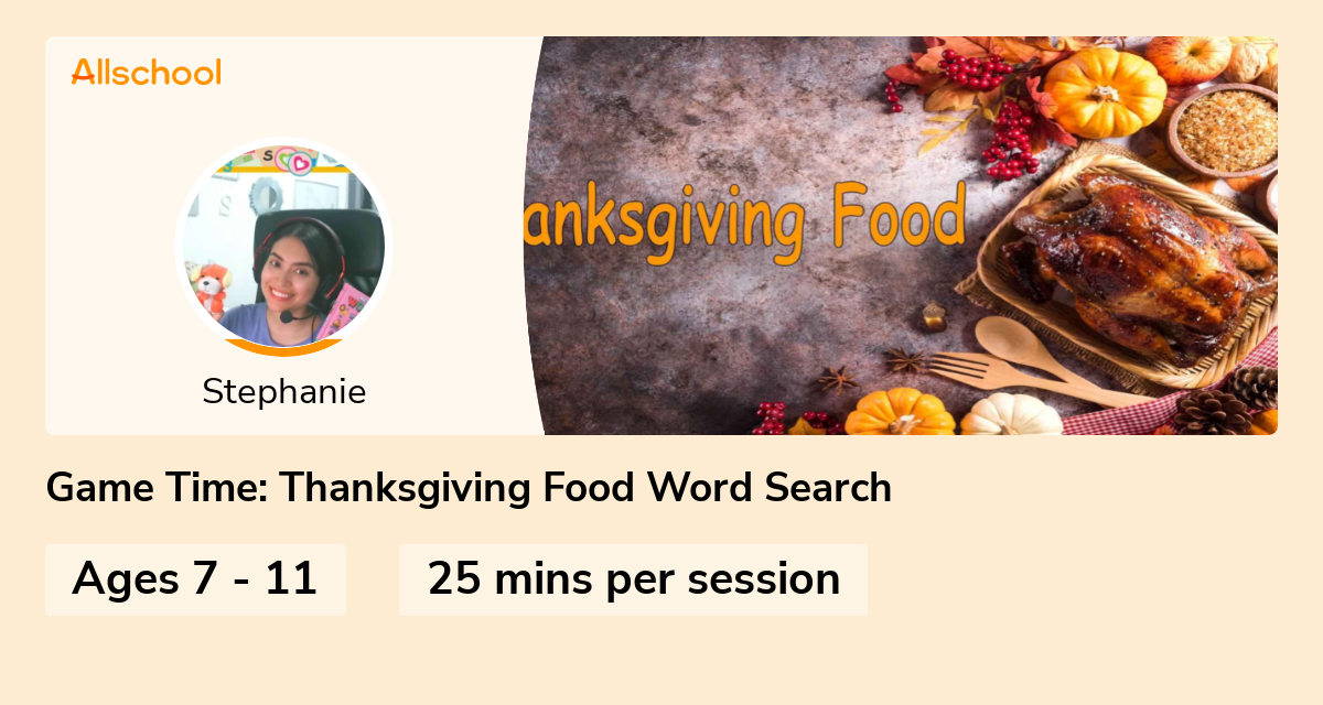 Game Time Thanksgiving Food Word Search Live Interative Class For