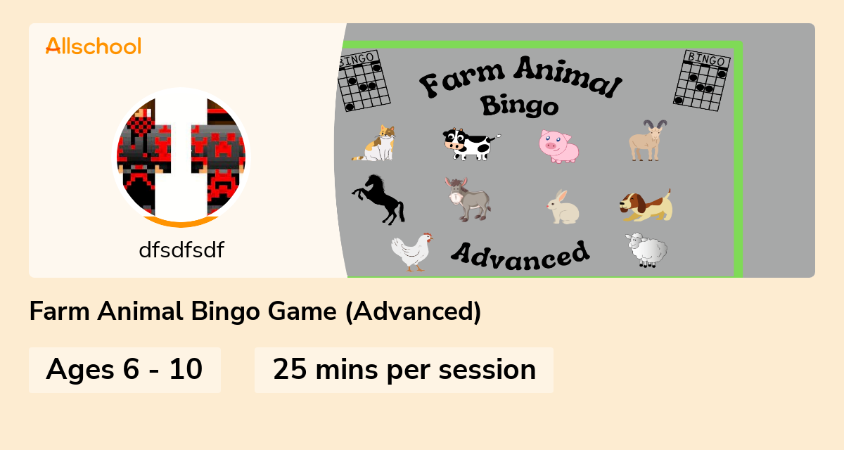 Farm Animal Bingo (Advanced) | Live interative class for ages 6-10 ...