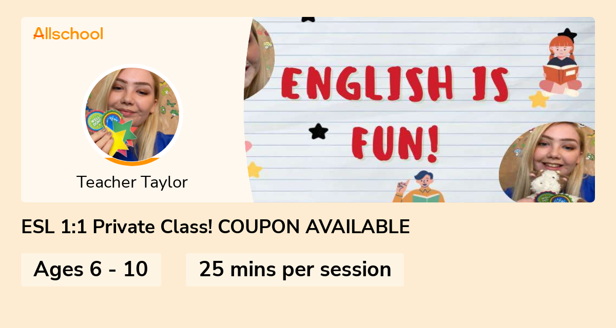 Esl 11 Private Class Live Interative Class For Ages 6 10 Taught