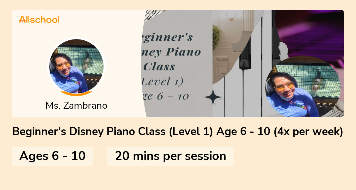 Beginners Disney Piano Class Level 1 Age 6 10 4x Per Week Live