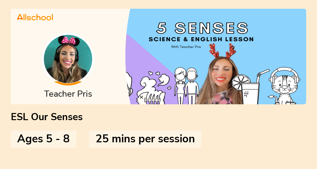Esl Our Senses Live Interative Class For Ages 5 8 Taught By Teacher